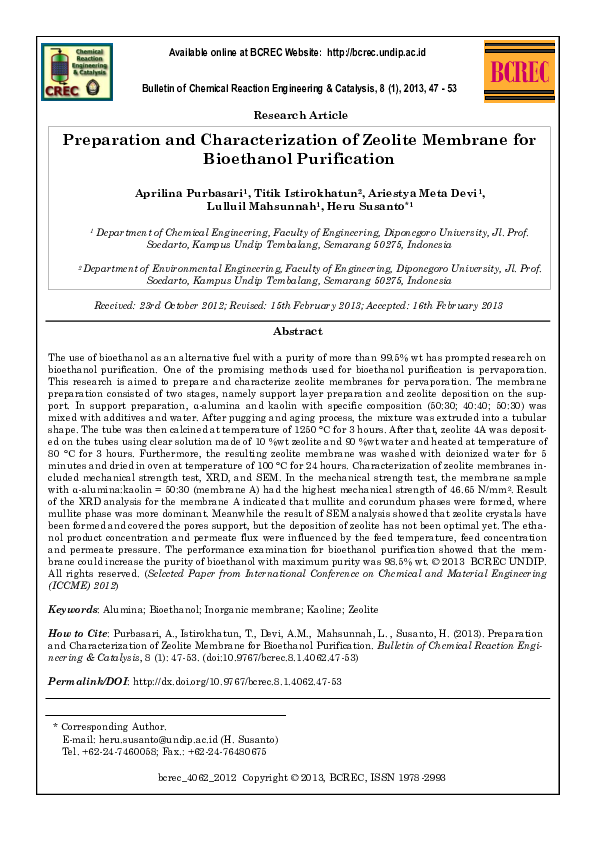 (PDF) Preparation and Characterization of Zeolite Membrane for Bioethanol Purification