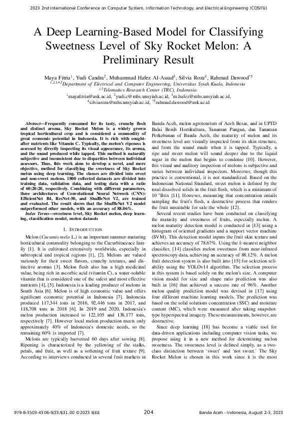 (PDF) A Deep Learning-Based Model for Classifying Sweetness Level of Sky Rocket Melon: A ...