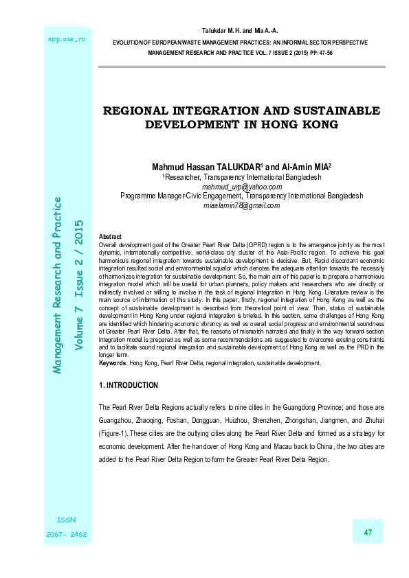 (PDF) Regional Integration and Sustainable Development in Hong Kong