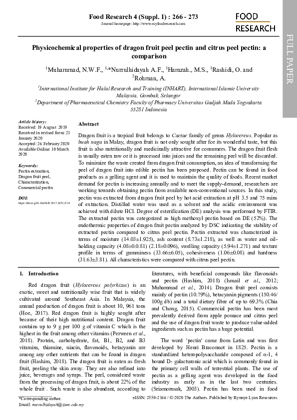 (PDF) Physicochemical properties of dragon fruit peel pectin and citrus peel pectin: a comparison