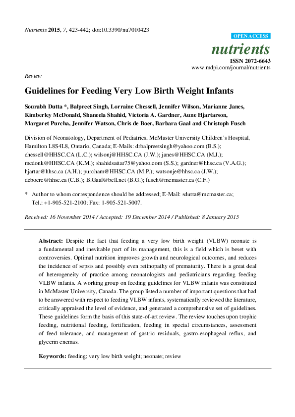 (PDF) Guidelines for Feeding Very Low Birth Weight Infants
