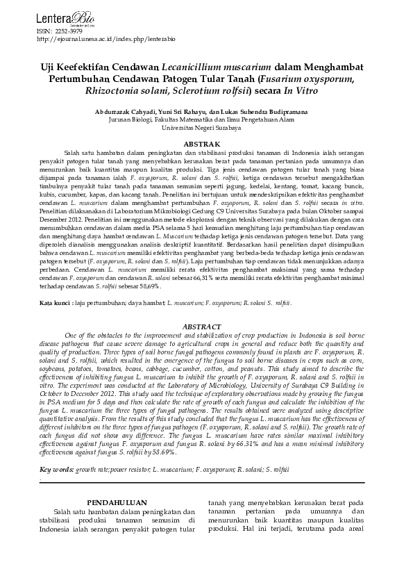 (PDF) Uji Keefektifan Cendawan Lecanicillium muscarium dalam Menghambat Pertumbuhan Cendawan ...