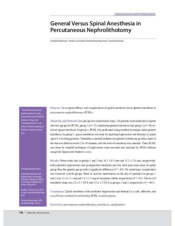 (PDF) General versus spinal anesthesia in percutaneous nephrolithotomy ...
