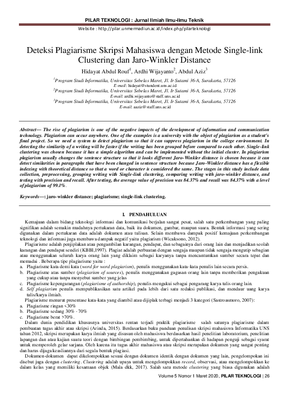 (PDF) Deteksi Plagiarisme Skripsi Mahasiswa dengan Metode Single-link ...