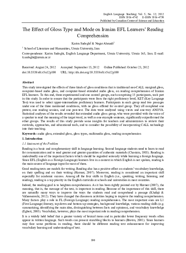 (PDF) The Effect of Gloss Type and Mode on Iranian EFL Learners’ Reading Comprehension