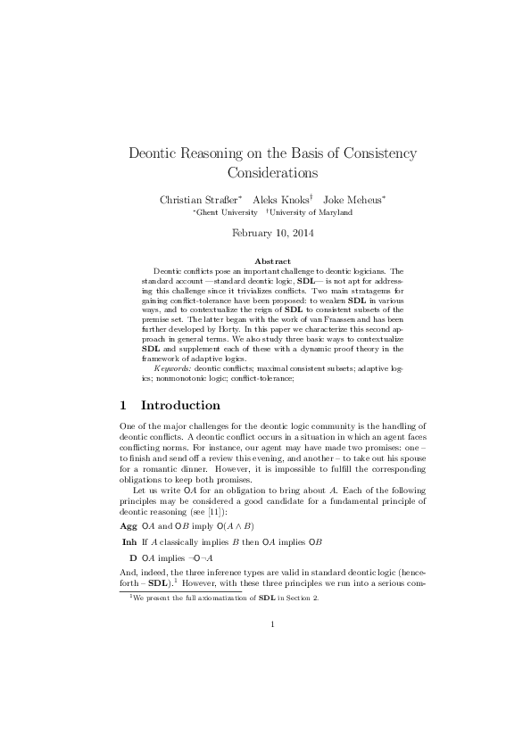 Deontic Reasoning on the Basis of Consistency Considerations