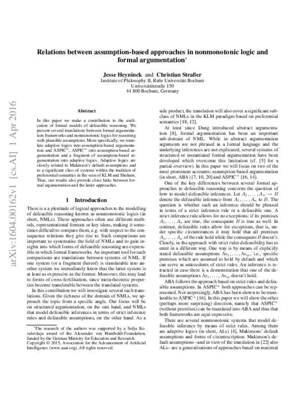 Pdf Relations Between Assumption Based Approaches In Nonmonotonic Logic And Formal Argumentation 5160