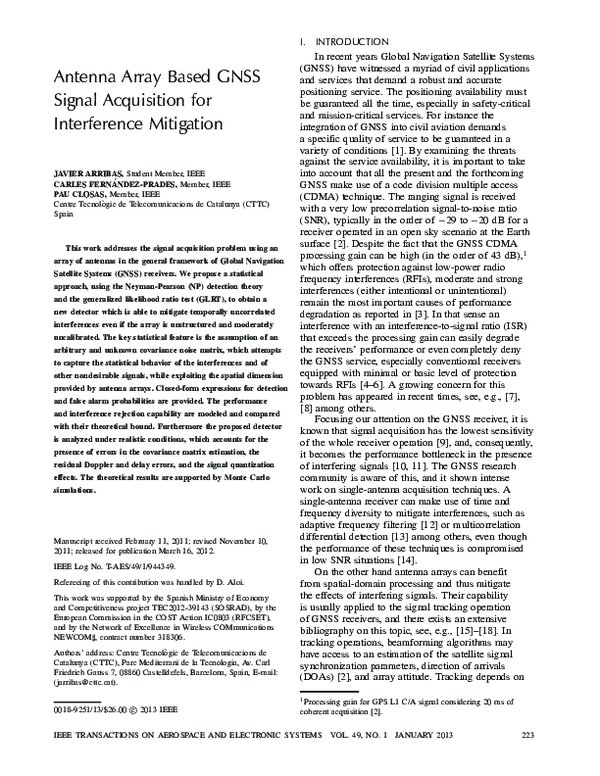 Pdf Antenna Array Based Gnss Signal Acquisition For Interference Mitigation
