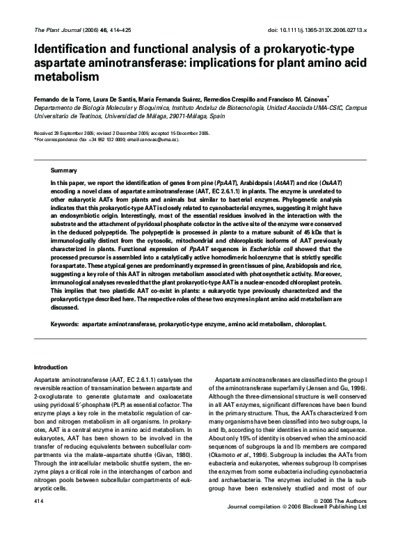(PDF) Identification and functional analysis of a prokaryotic‐type aspartate aminotransferase ...