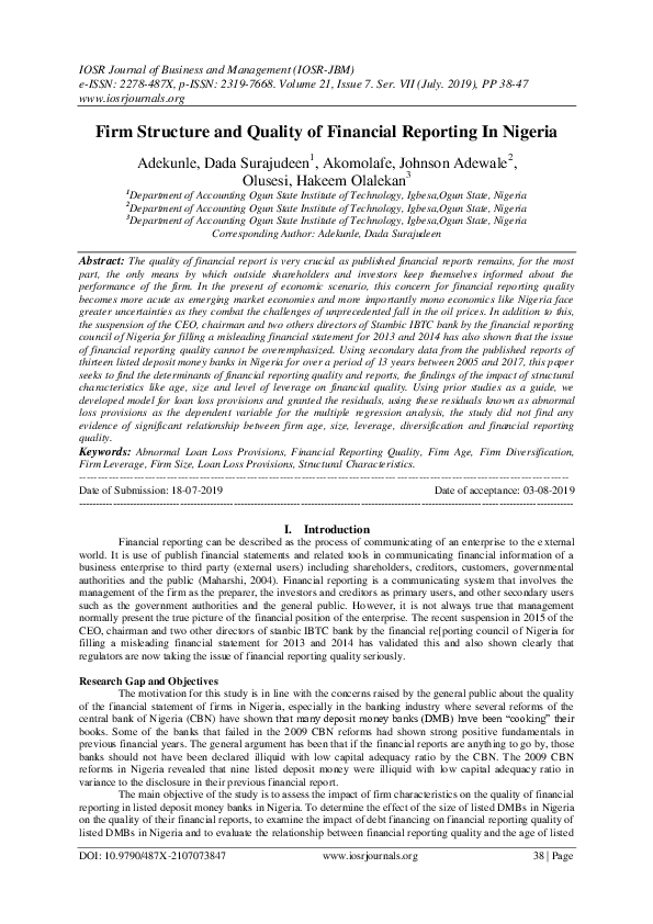 (PDF) Firm Structure and Quality of Financial Reporting In Nigeria