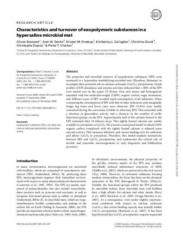 (PDF) Characteristics and turnover of exopolymeric substances in a hypersaline microbial mat ...