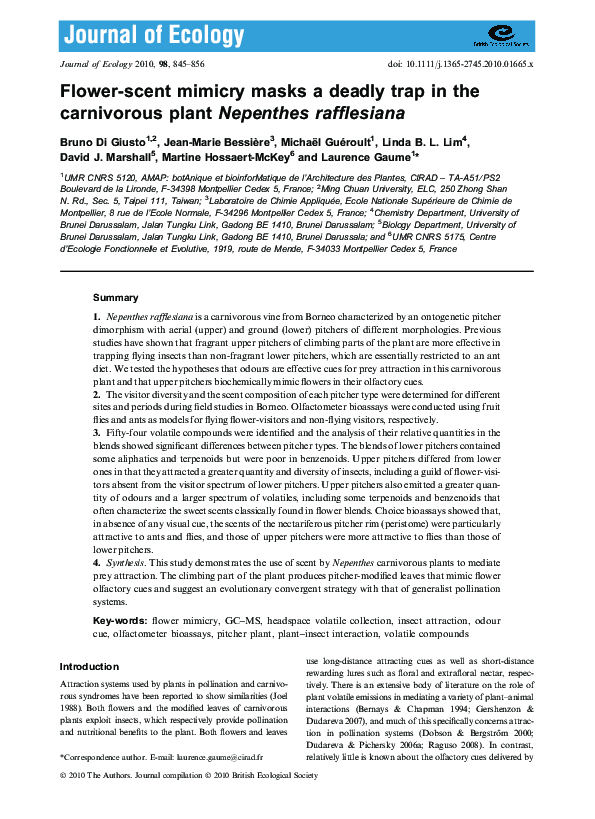 (PDF) Flower-scent mimicry masks a deadly trap in the carnivorous plant ...