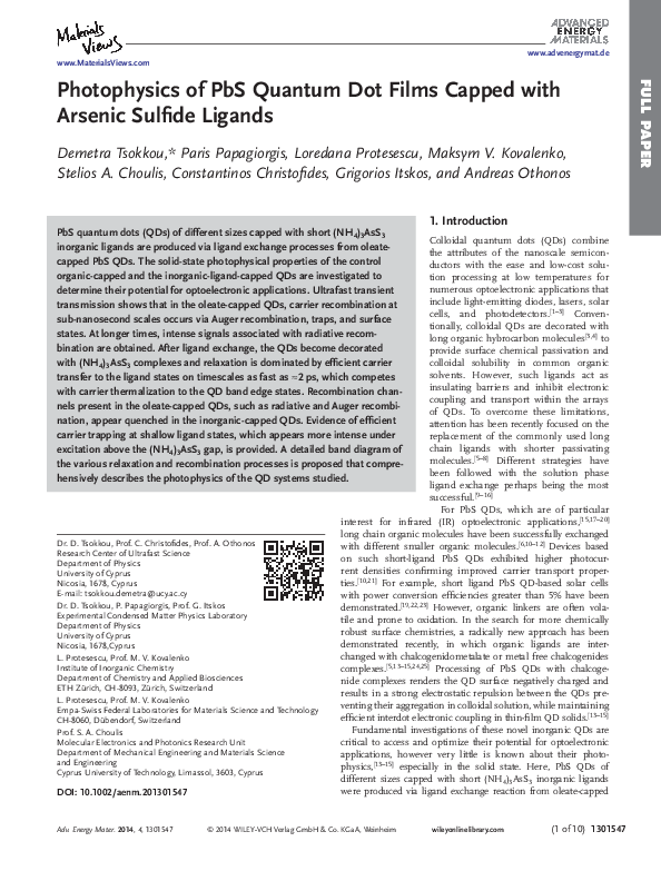 (PDF) Photophysics of PbS Quantum Dot Films Capped with Arsenic Sulfide Ligands