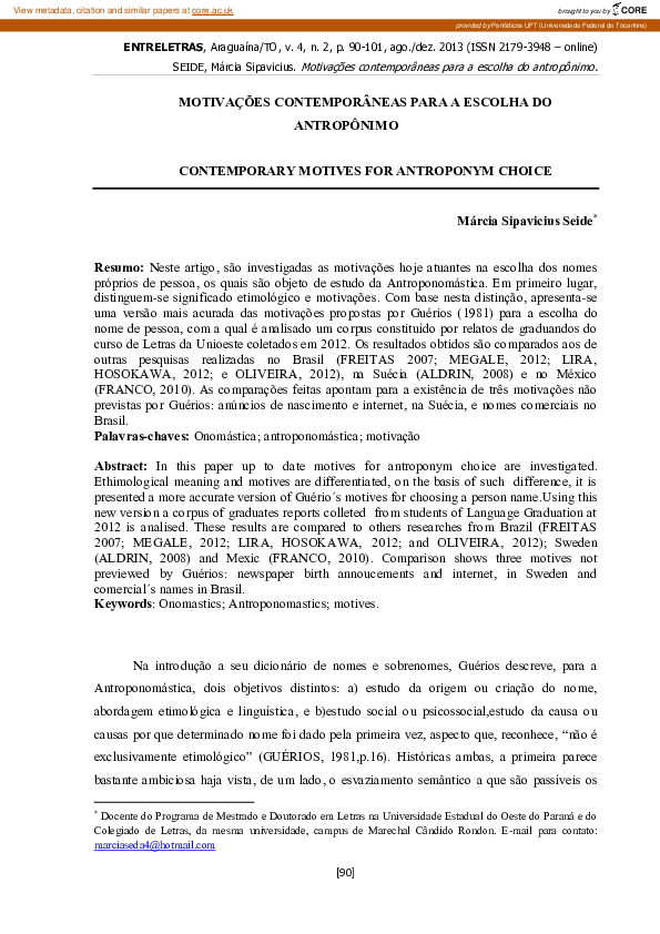 (PDF) Motivações Contemporâneas Para a Escolha Do Antropônimo
