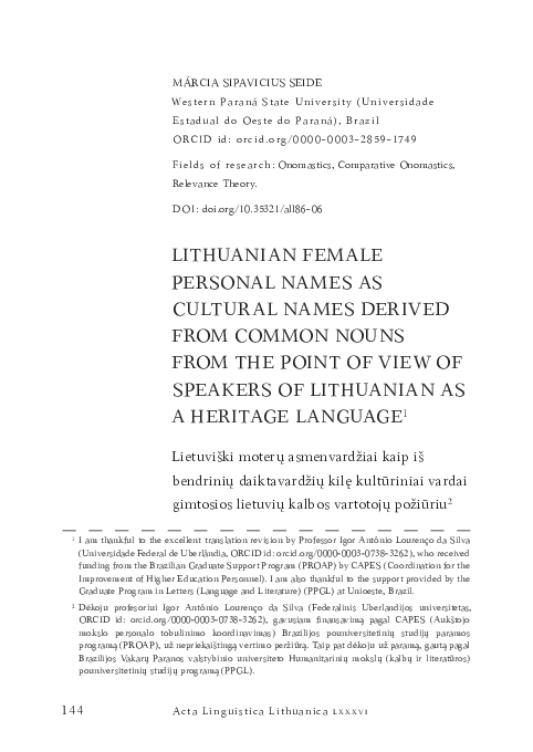 (PDF) Lithuanian Female Personal Names as Cultural Names Derived from ...
