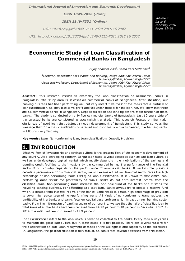 (PDF) Econometric Study of Loan Classification of Commercial Banks in Bangladesh