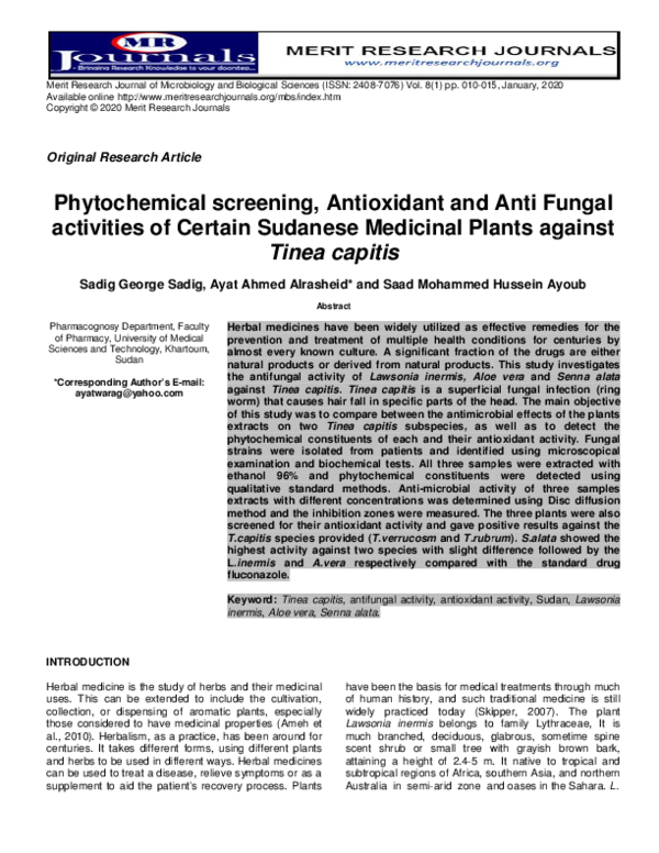 (PDF) Phytochemical screening, Antioxidant and Anti Fungal activities of Certain Sudanese ...