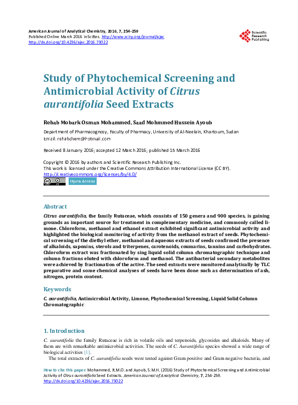 (PDF) Study of Phytochemical Screening and Antimicrobial Activity of Citrus aurantifolia Seed ...