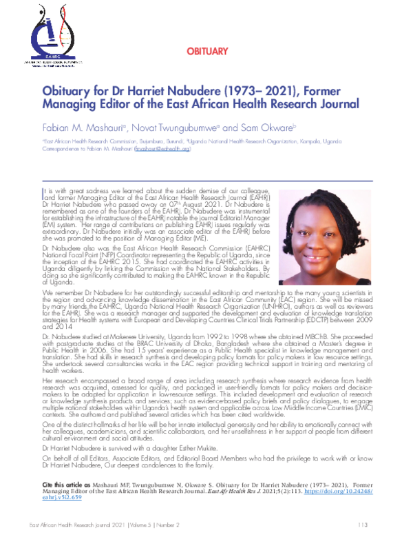 (PDF) Obituary for Dr Harriet Nabudere (1973– 2021), Former Managing ...