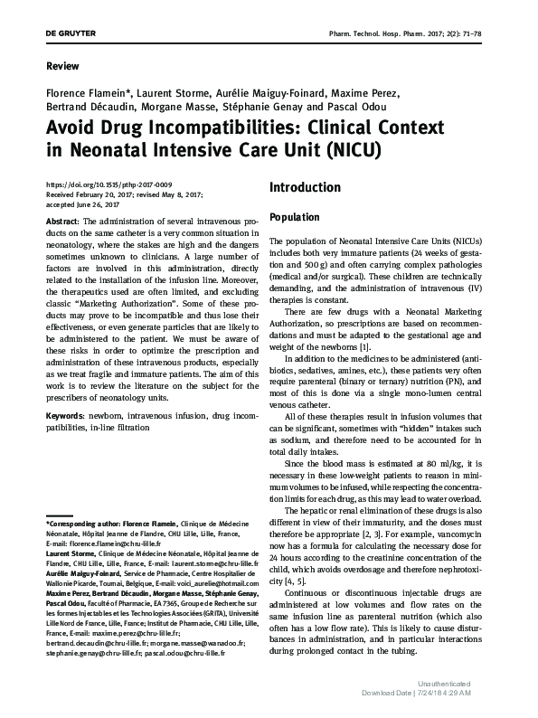 (PDF) Avoid Drug Incompatibilities: Clinical Context in Neonatal ...