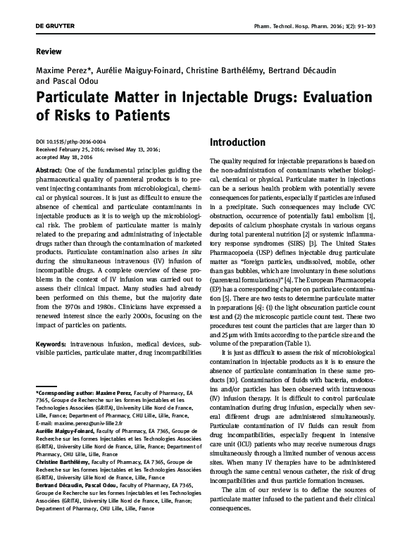 (PDF) Particulate Matter in Injectable Drugs: Evaluation of Risks to ...