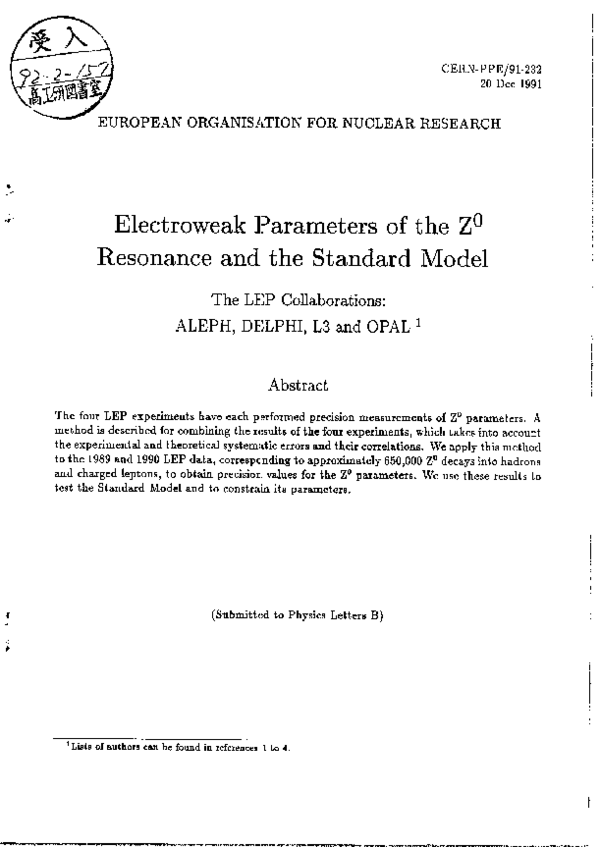 (PDF) Electroweak parameters of the Z0 resonance and the standard model | Maurizio Bonesini ...