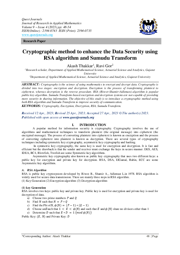 Pdf Cryptographic Method To Enhance The Data Security Using Rsa Algorithm And Sumudu Transform