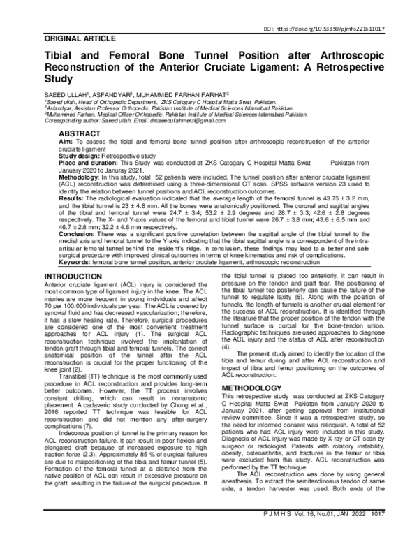 (PDF) Tibial and Femoral Bone Tunnel Position after Arthroscopic Reconstruction of the Anterior ...