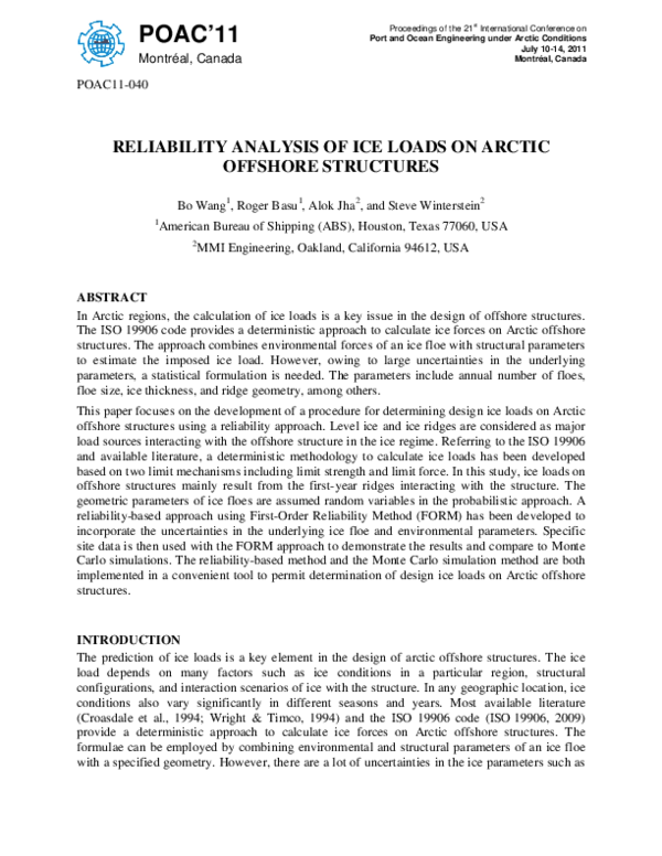 (PDF) Reliability analysis of ice loads on arctic offshore structures