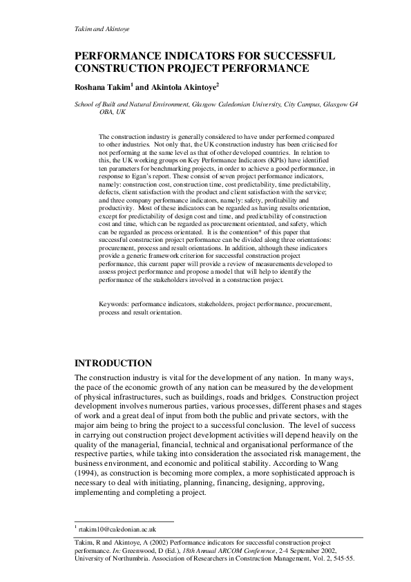 (PDF) Performance indicators for successful construction project performance