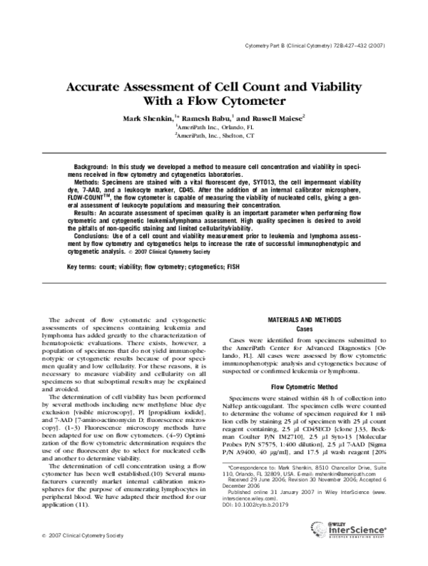 (PDF) Accurate assessment of cell count and viability with a flow cytometer