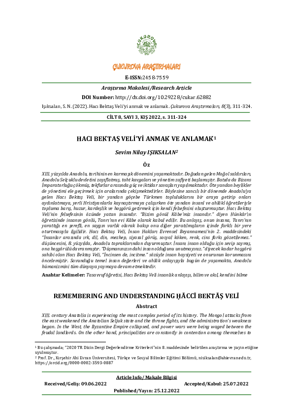 (PDF) Haci Bektaş Veli̇’Yi̇ Anmak Ve Anlamak