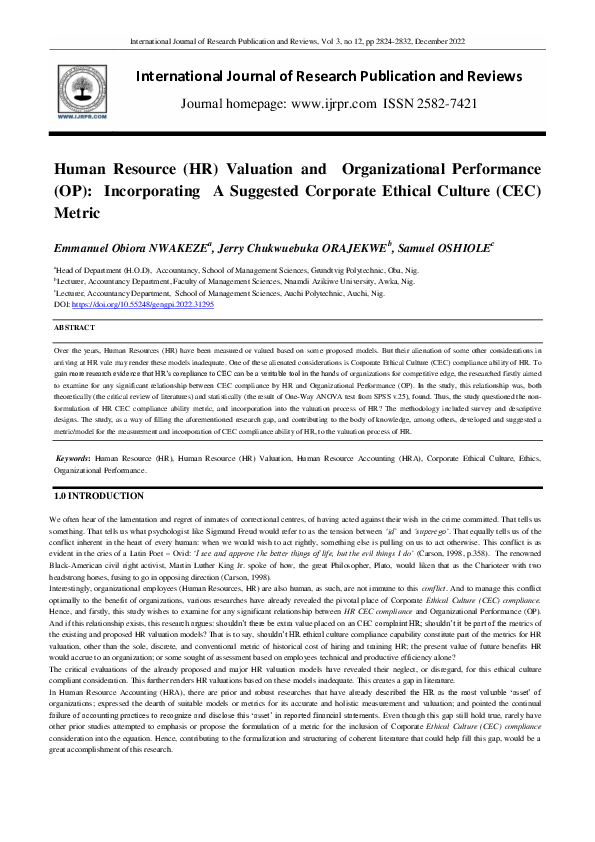 (PDF) Human Resource (HR) Valuation and Organizational Performance (OP ...