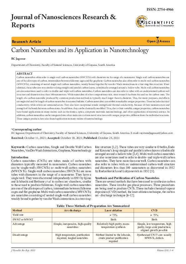(PDF) Carbon Nanotubes and its Application in Nanotechnology