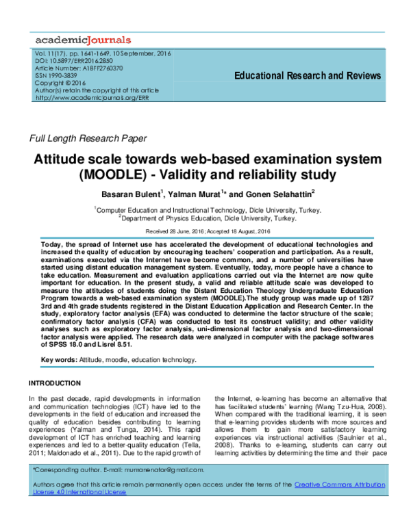 (PDF) Attitude scale towards web-based examination system (MOODLE) - Validity and reliability study