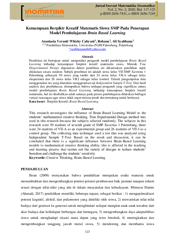 (PDF) Kemampuan Berpikir Kreatif Matematis Siswa SMP Pada Penerapan Model Pembelajaran Brain ...