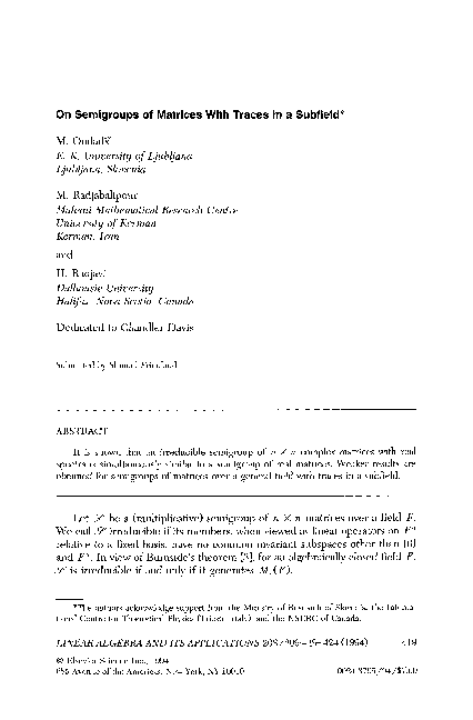 (PDF) On semigroups of matrices with traces in a subfield