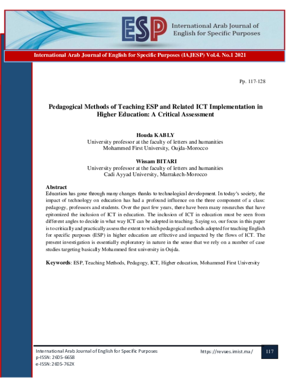(PDF) Pedagogical Methods of Teaching ESP and Related ICT Implementation in Higher Education: A ...
