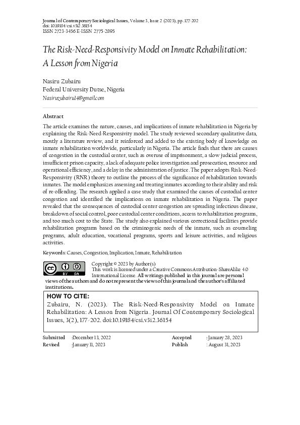 (PDF) The Risk-Need-Responsivity Model on Inmate Rehabilitation: A ...