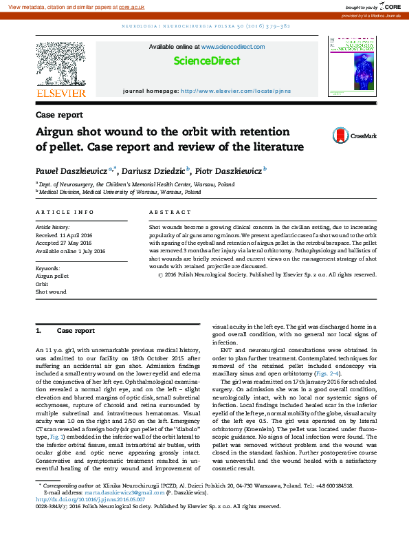 (PDF) Airgun shot wound to the orbit with retention of pellet. Case ...