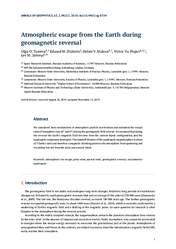 (PDF) Atmospheric escape from the Earth during geomagnetic reversal