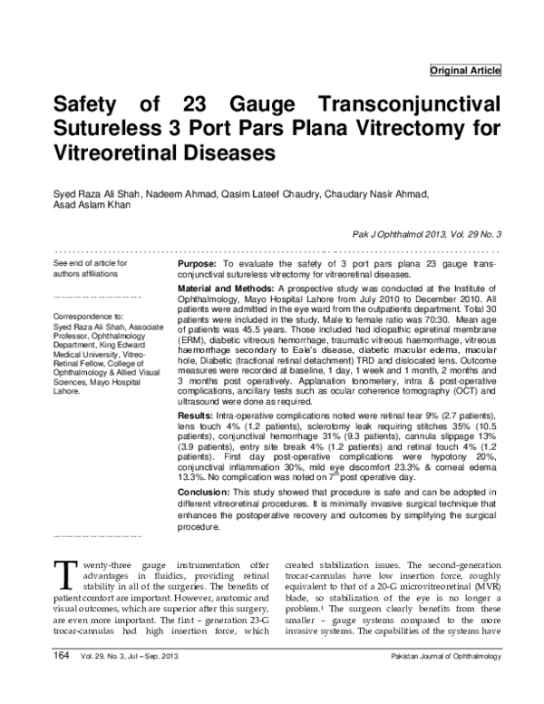 (PDF) Safety of 23 Gauge Transconjunctival Sutureless 3 Port Pars Plana ...