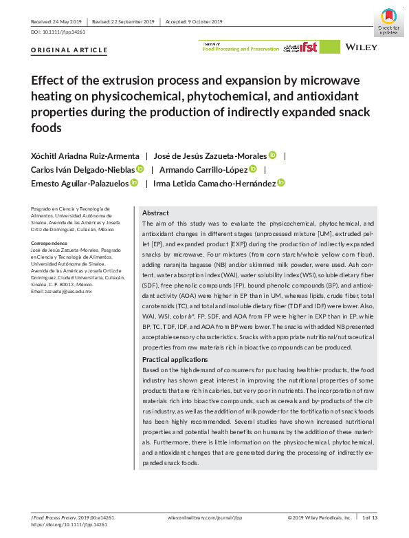 (PDF) Effect of the extrusion process and expansion by microwave heating on physicochemical ...