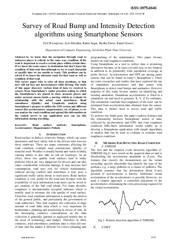 (PDF) Survey of Road Bump and Intensity Detection algorithms using Smartphone Sensors | kunal ...