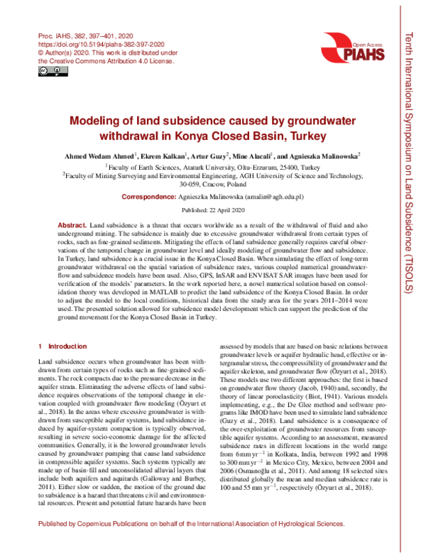 (PDF) Modeling of land subsidence caused by groundwater withdrawal in Konya Closed Basin, Turkey ...