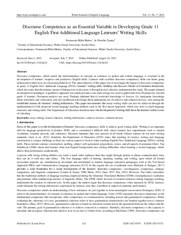(PDF) Discourse Competence as an Essential Variable in Developing Grade ...