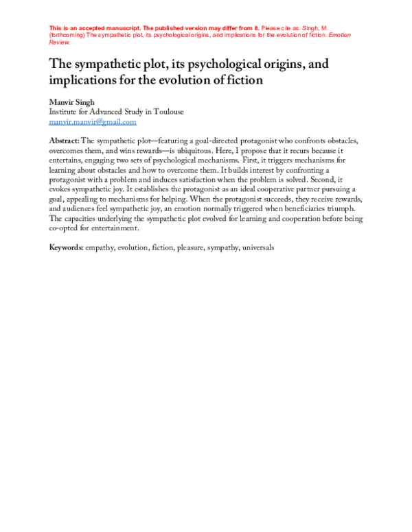 (PDF) The sympathetic plot, its psychological origins, and implications ...