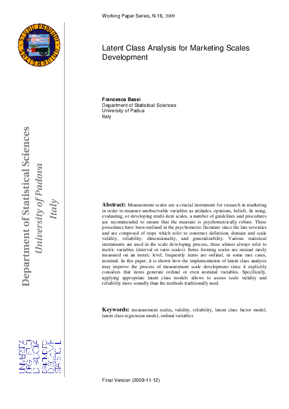 (PDF) Latent class analysis for marketing scale development
