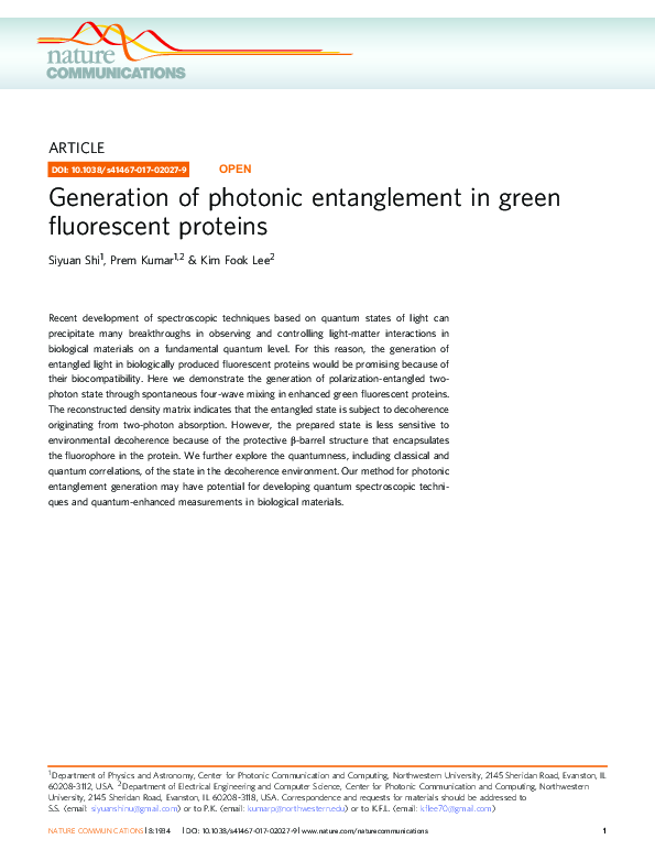 (PDF) Generation of photonic entanglement in green fluorescent proteins