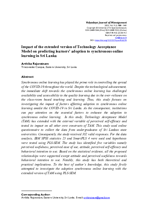 (PDF) Impact of the extended version of Technology Acceptance Model on predicting learners ...